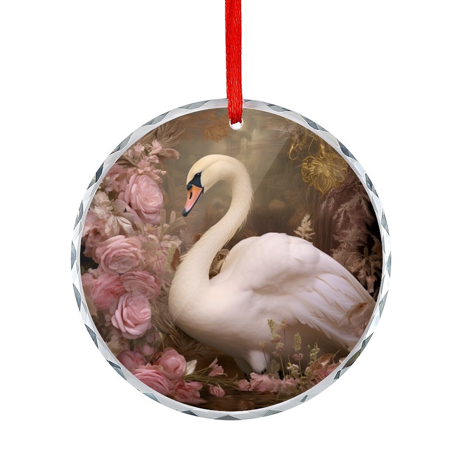 Gold Swan And Floral Pink Christmas Crystal Glass Christmas Ornament ...