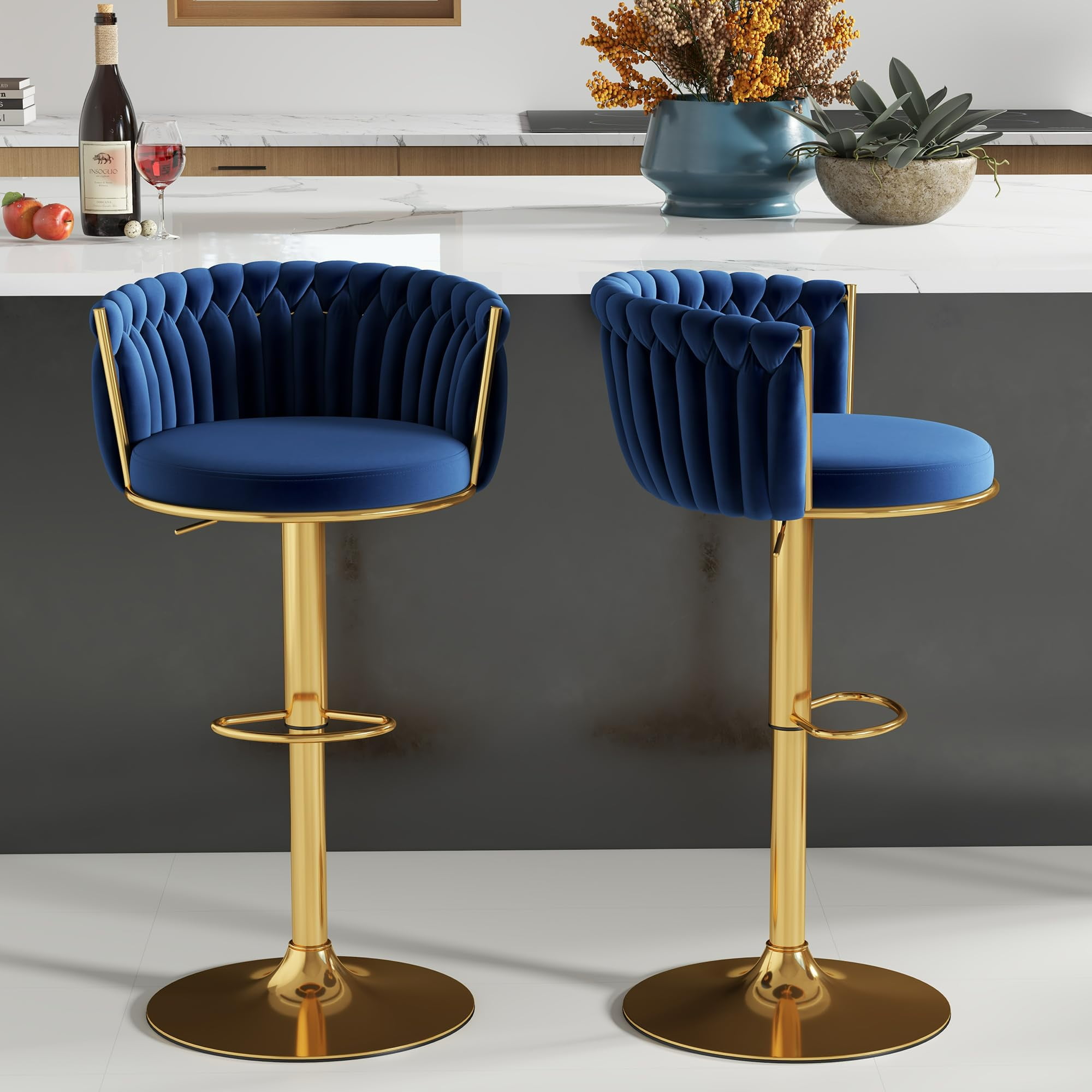 Gold Swivel Bar Stools Pair, Velvet Woven Adjustable Height Counter ...