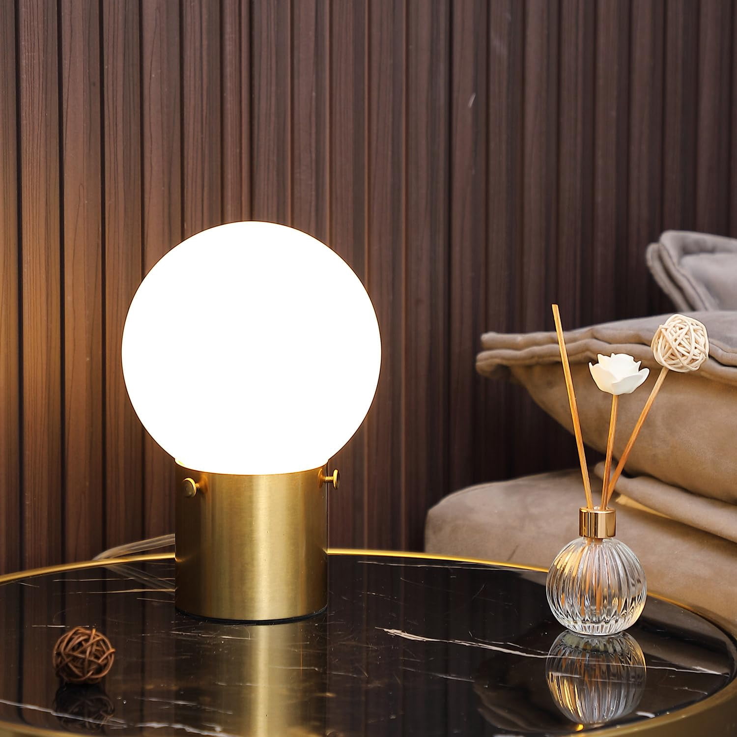 Gold Table Lamp for Nightstand with Frosted Glass Globe Lamp Shade, Mid ...