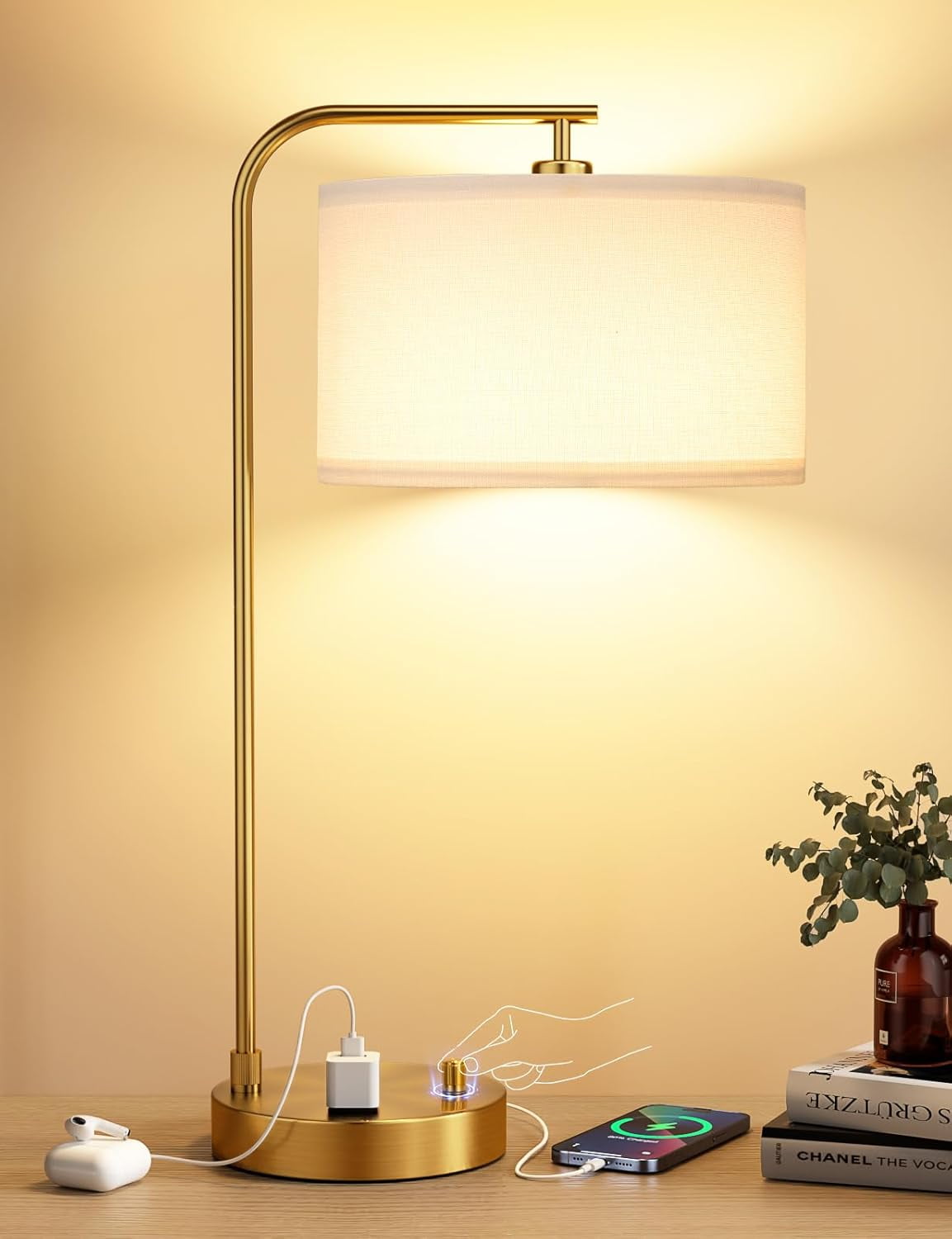 Gold Table Lamp with USB Port and Outlet, Dimmable Nightstand Bedside ...