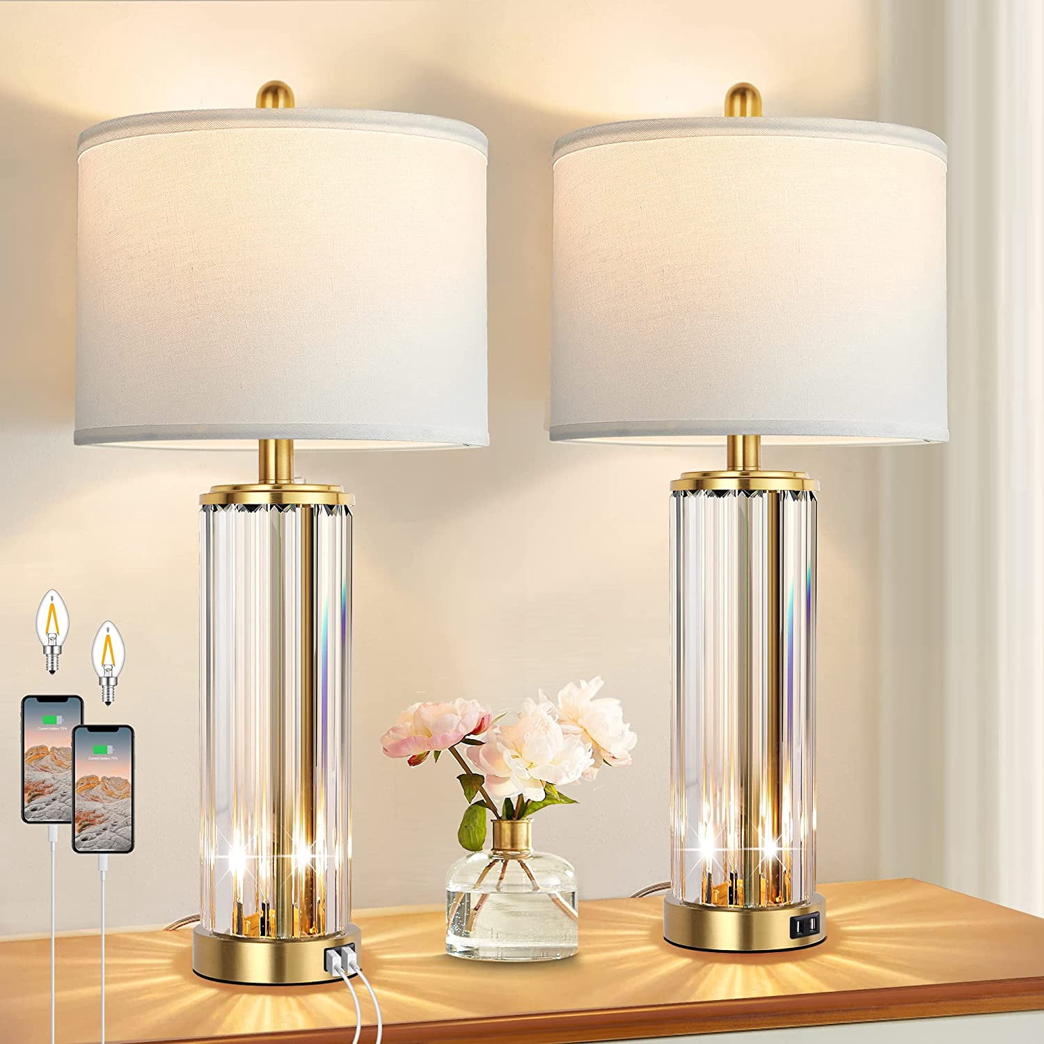 Gold Table Lamps for Bedroom Set of 2 with Nightlight, Modern Bedside ...
