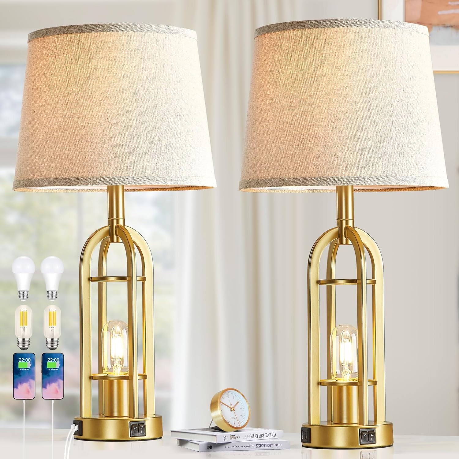 Gold Table Lamps for Living Room Set of 2 - Modern Farmhouse Bedside ...