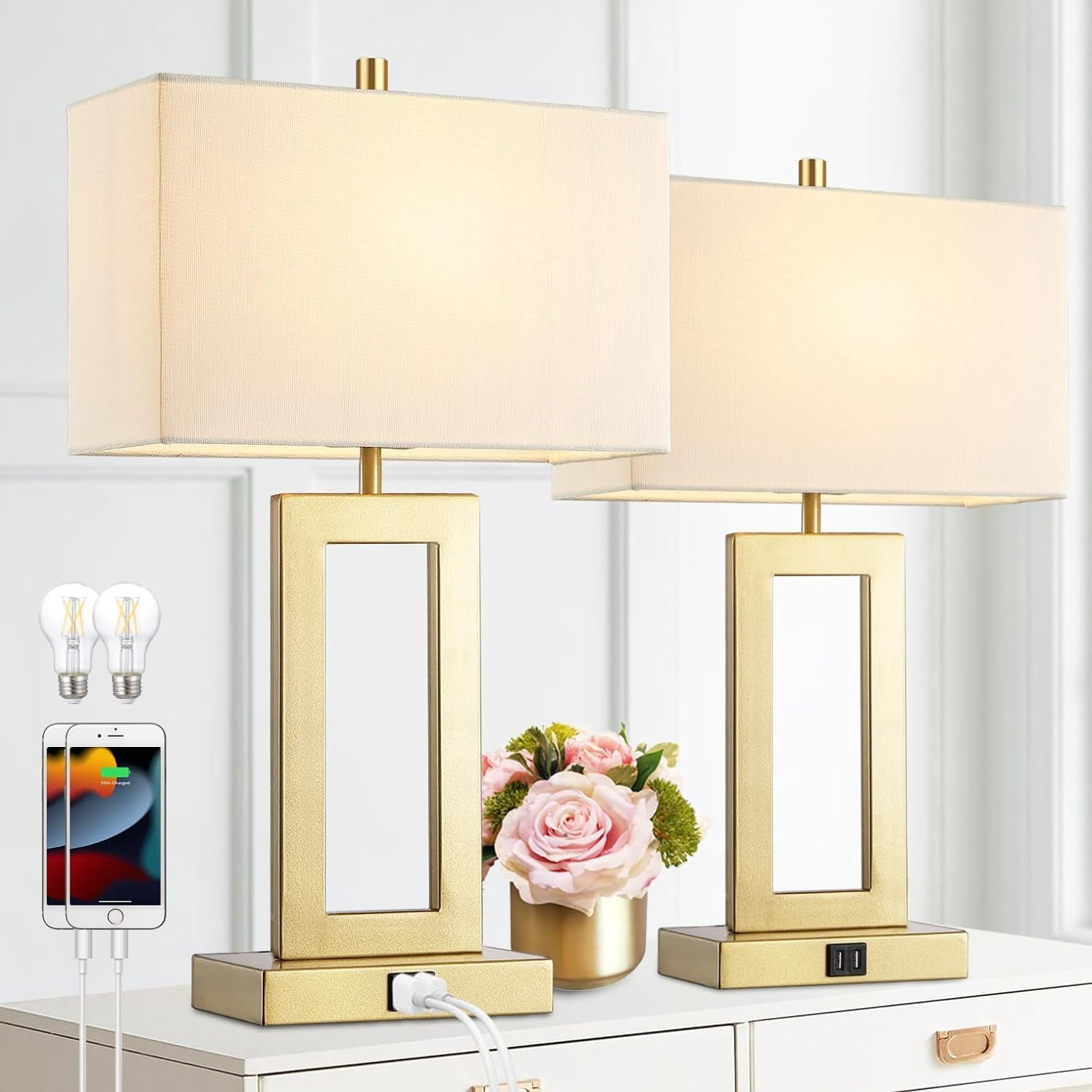 Gold Table Lamps Set of 2 with Dual USB Ports,3-Way Dimmable Touch ...