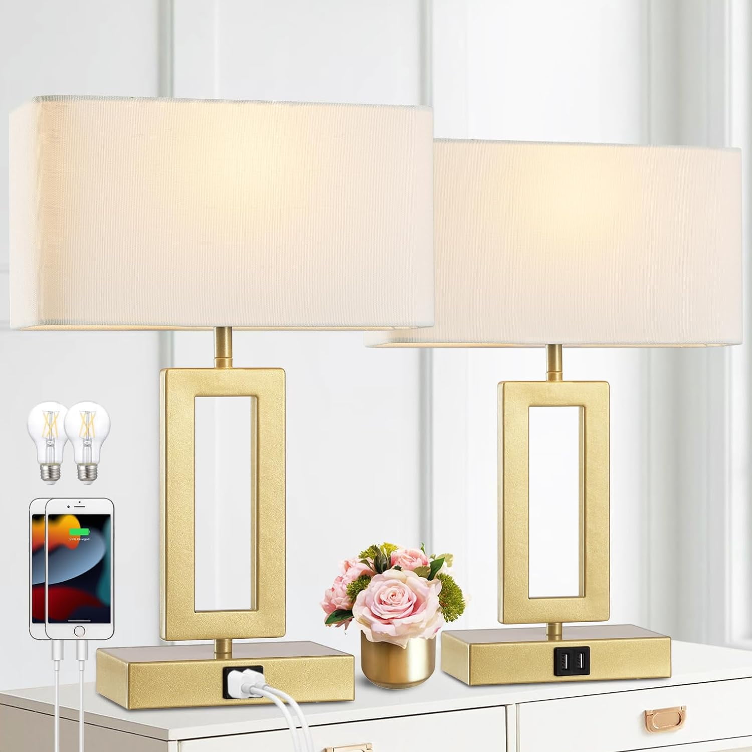 Gold Table Lamps Set of 2 with Dual USB Ports,3-Way Dimmable Touch ...