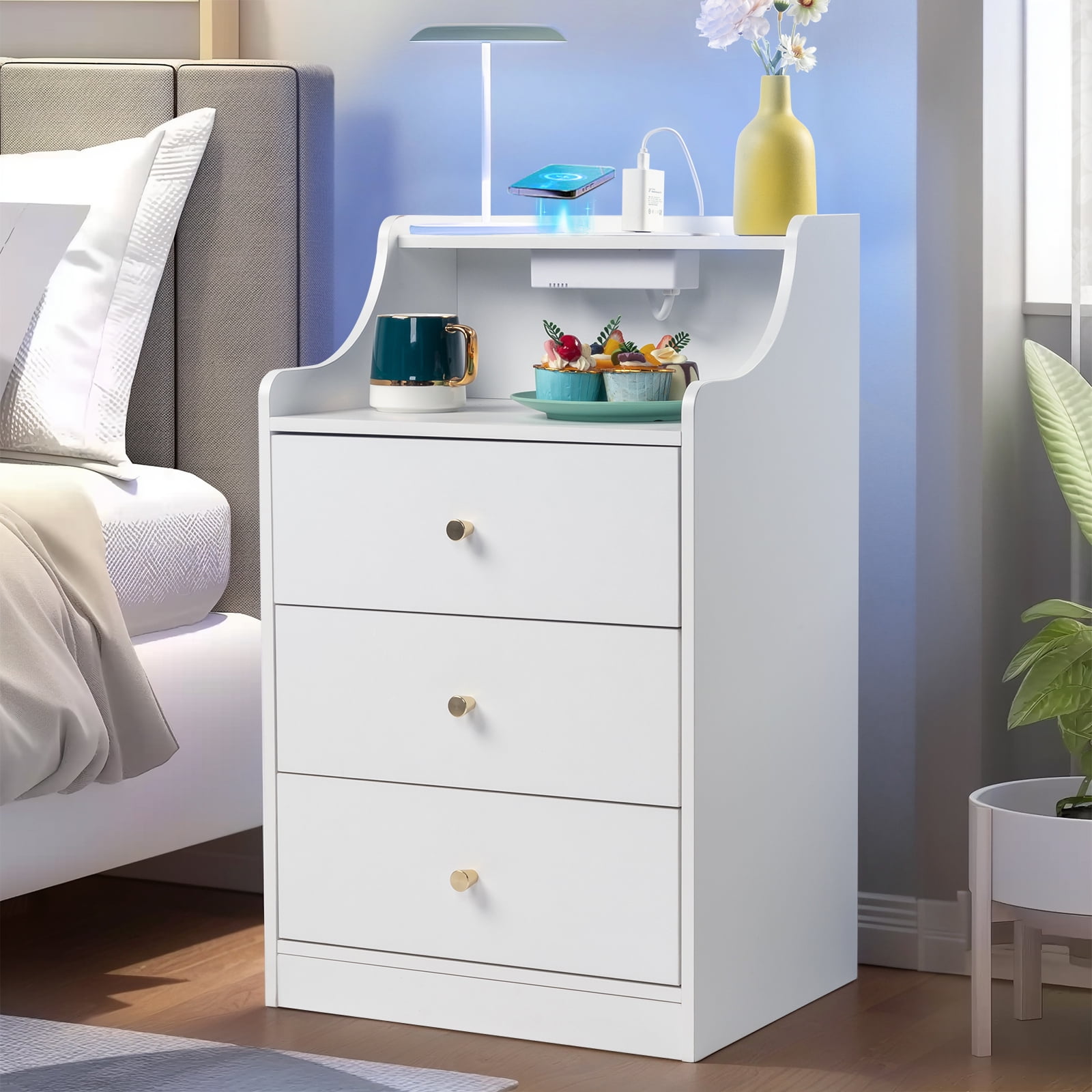 Gold Tapered Handle Bedside Table with Three Drawers and Compartments ...