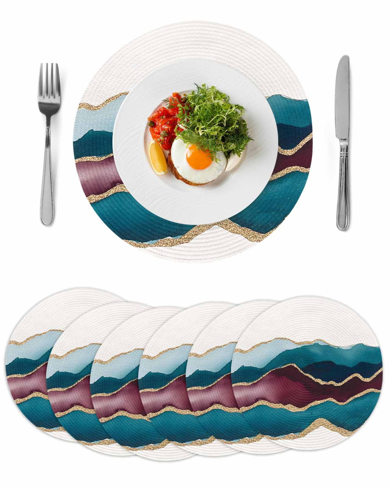 Gold Teal Wine Red Round Table Placemats set of 6, Abstract Watercolor ...