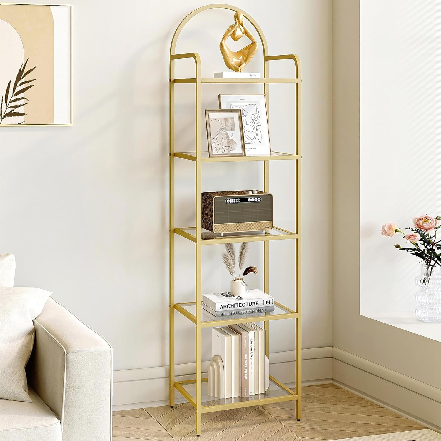 Gold Tempered Glass 5-Tier Bookshelf - Slim Shelving Unit for Bedroom ...