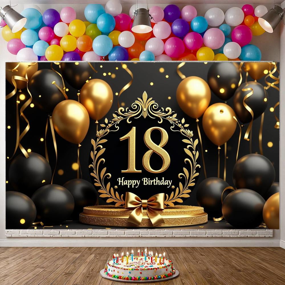 Gold Theme 18th Birthday Banner Black Background Banner Glitter ...