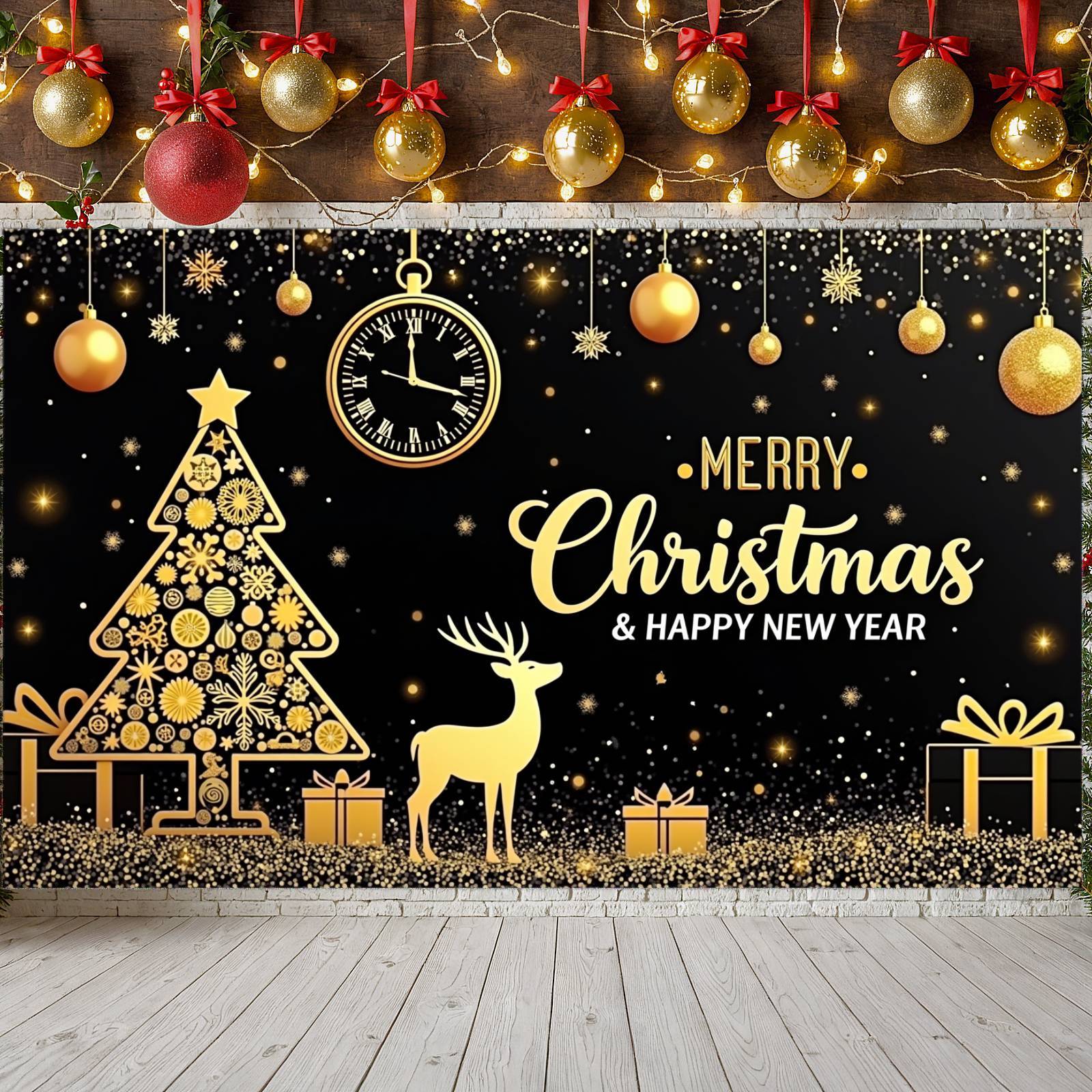 Gold Theme Christmas Banner Reindeer Pattern New Year Banner Snowflake ...