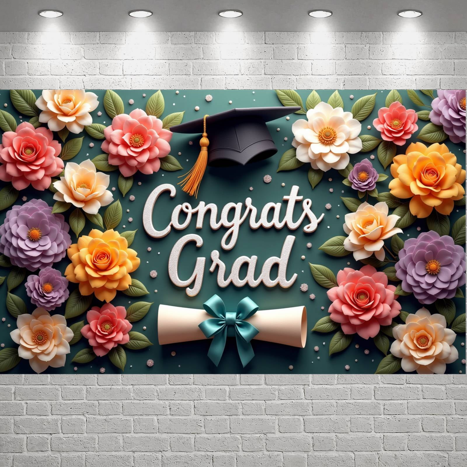 Gold Theme Graduation Banner Pink White Balloons Grad Party Backdrop ...