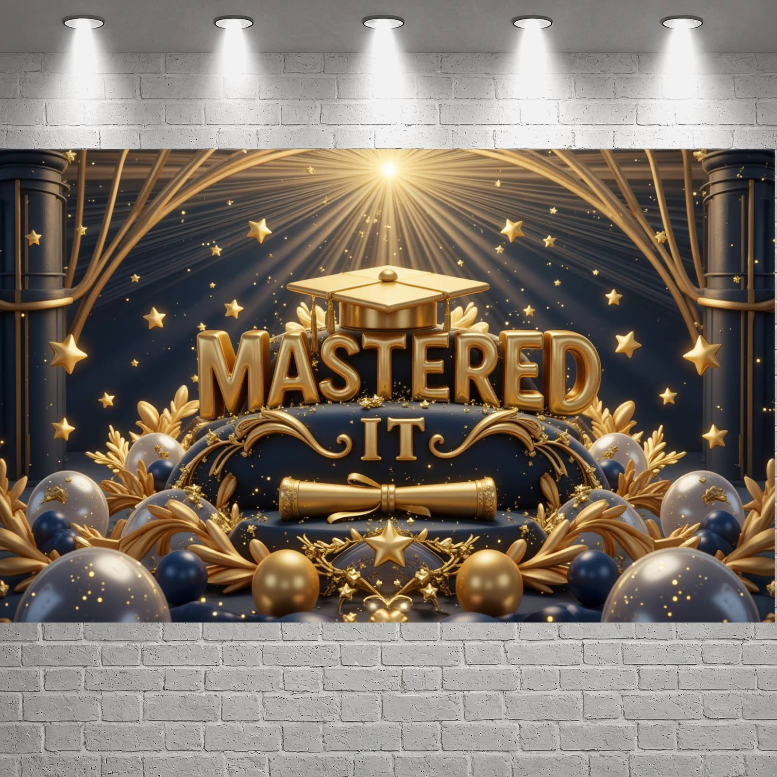 Gold Theme Graduation Banner Star Decor Master Graduation Display Navy ...
