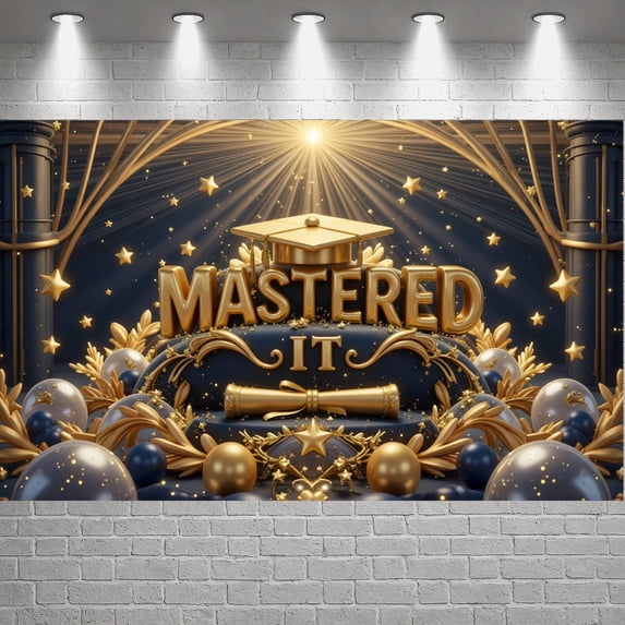 Gold Theme Graduation Banner Star Decor Master Graduation Display Navy ...