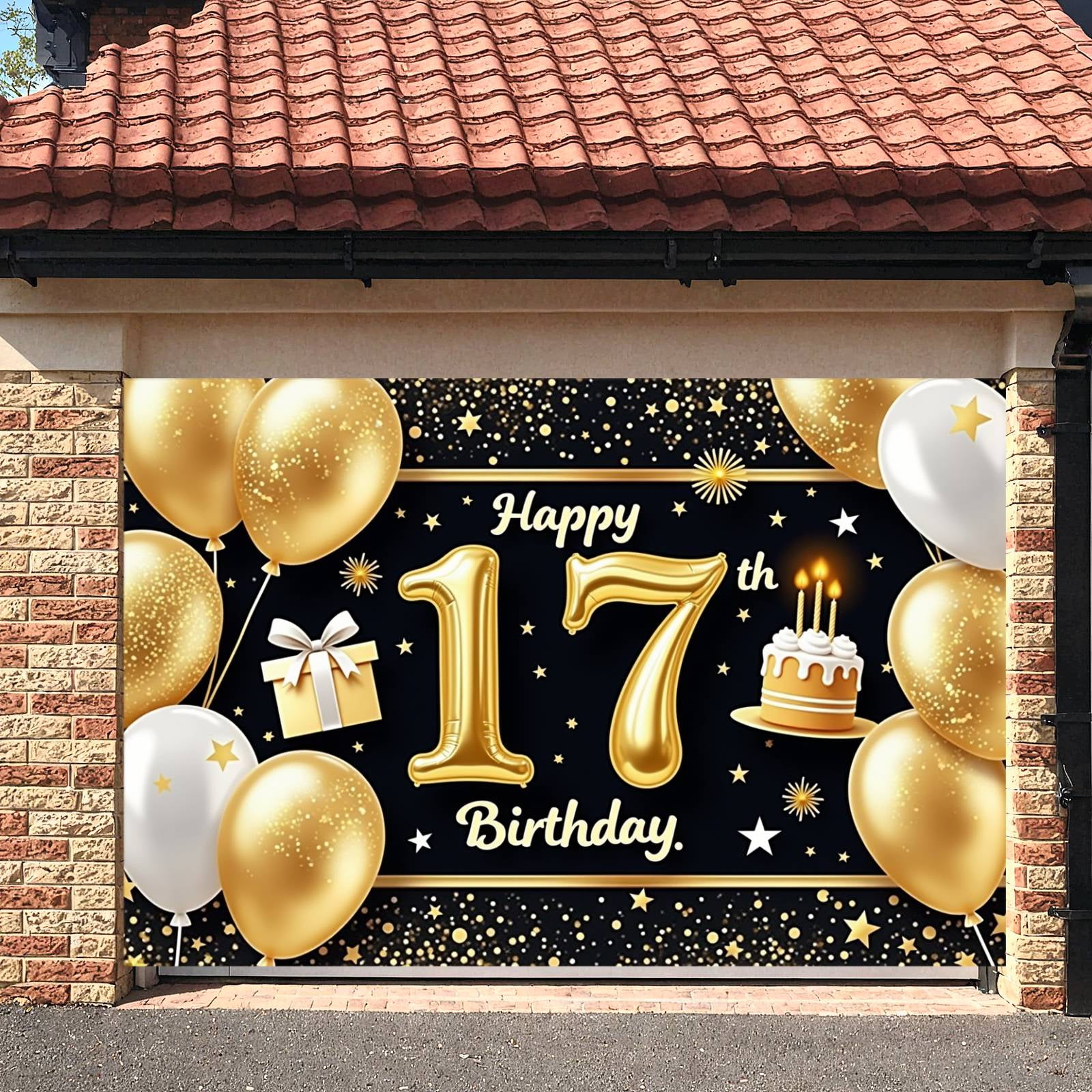 Gold Theme Happy 17th Birthday Banner Golden Balloons 17th Birthday ...