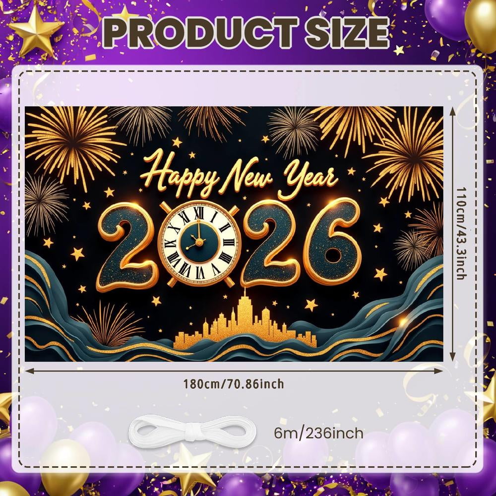 Gold Theme Happy New Year Banner Fireworks Design 2026 Banner Clock ...