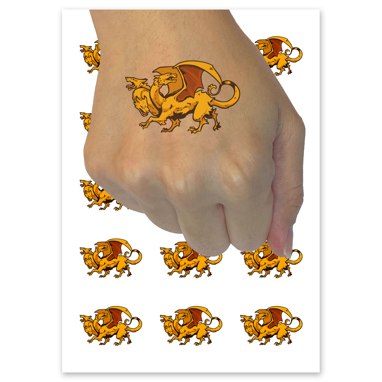 Gold Three Headed Dragon Heraldric Mythical Creature Temporary Tattoo ...