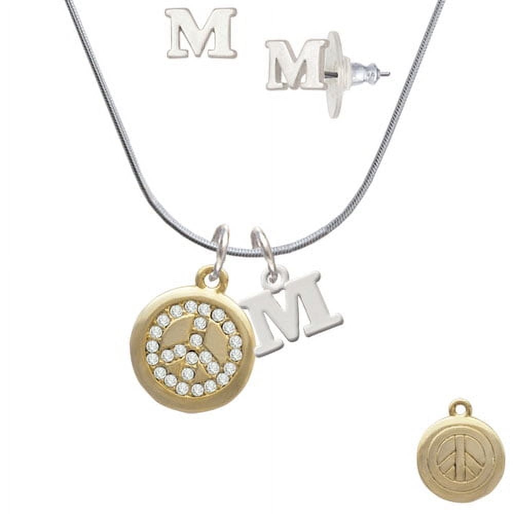 Gold Tone Disc with Crystal Peace Sign - M Initial Charm Necklace and ...