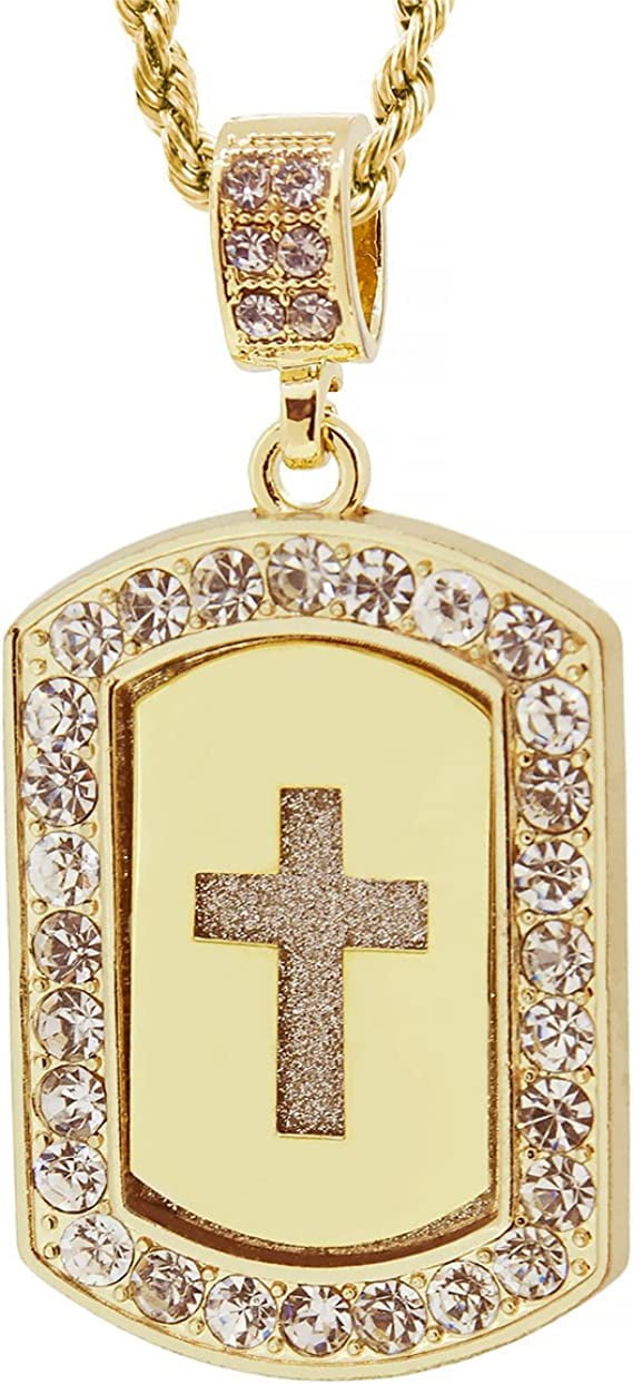 Gold Tone Dog Tag Style Block Cross Pave Pendant 24" Rope Chain #2036 ...