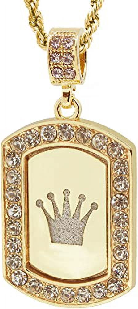 Gold Tone Dog Tag Style King Crown Pave Pendant 24" Rope Chain #2034 ...
