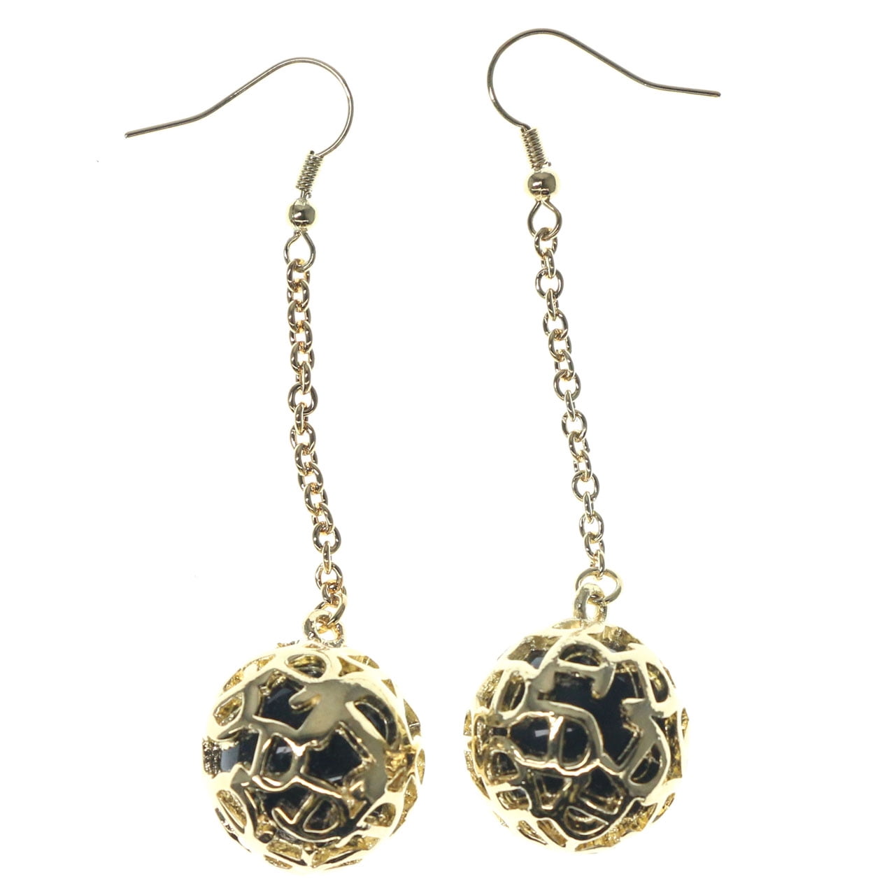 Gold-Tone French Hook Dangle Earrings With Ornately Accented Black Ball ...