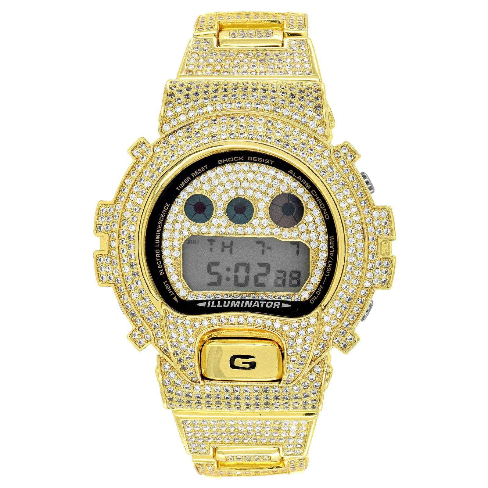 Gold Tone Fully Iced Moissanite Diamond Casio Gshock DW6900 Watch ...