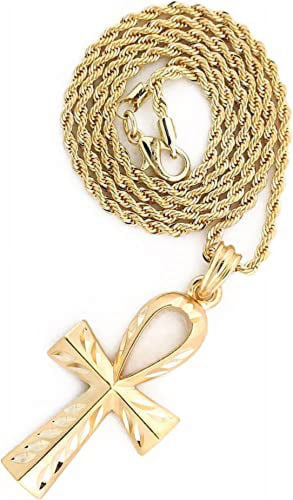 Gold Tone Men Brush Matt The Ankh Cross Pendant Necklace 24" Rope chain ...