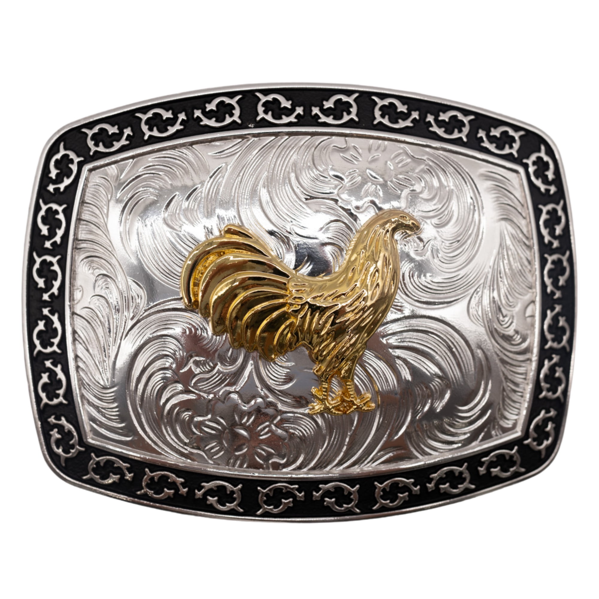 Gold Tone Roosters Chickens Western Rodeo Silver Black Belt Buckle ...
