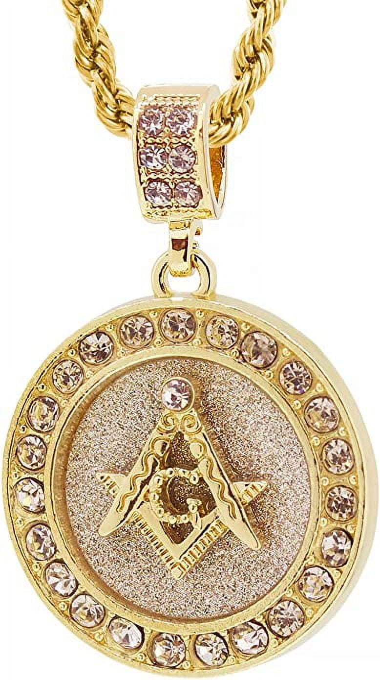 Gold Tone Round Masonic Freemason Pave Pendant with 24" Rope Chain ...