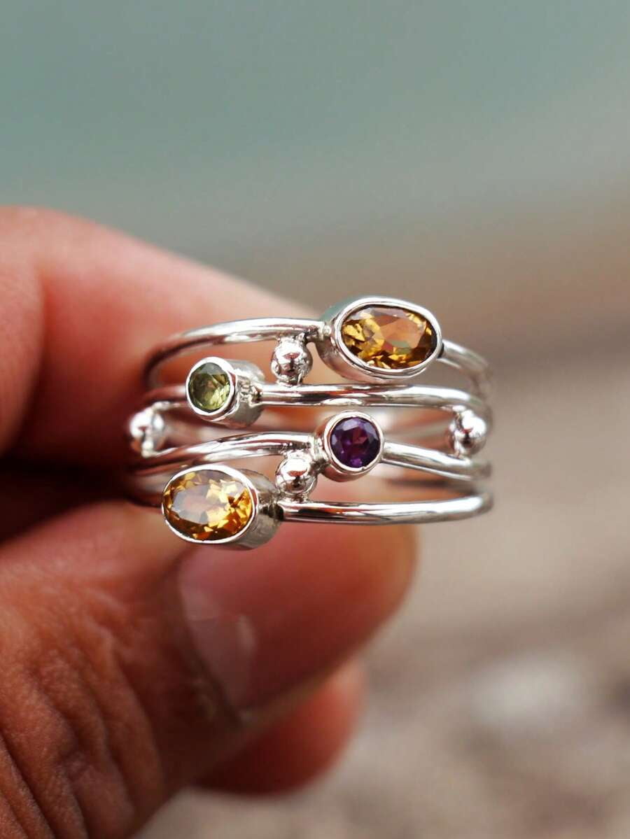 Gold Tone Stackable Ring Set With Multicolor Zirconia Stones, Elegant ...