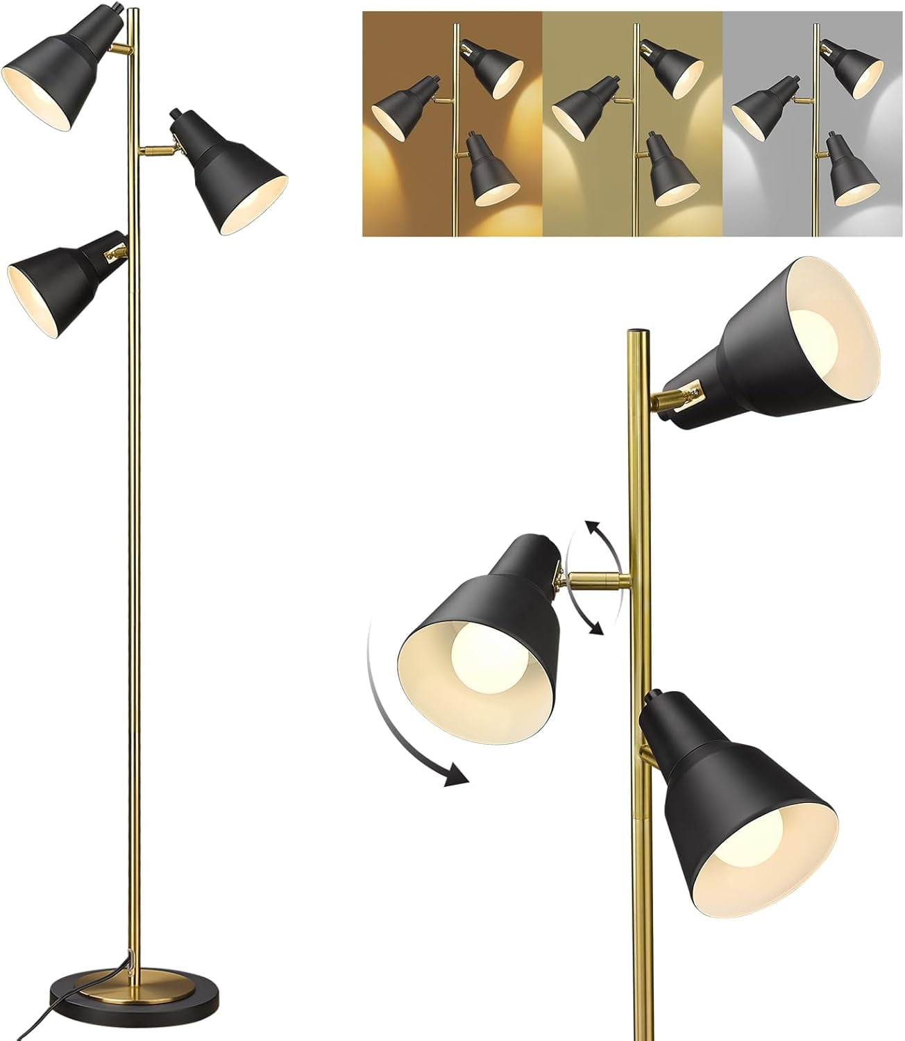 Gold Tree Floor Lamp with 3 Adjustable Rotating Lights, Industrial Tall ...