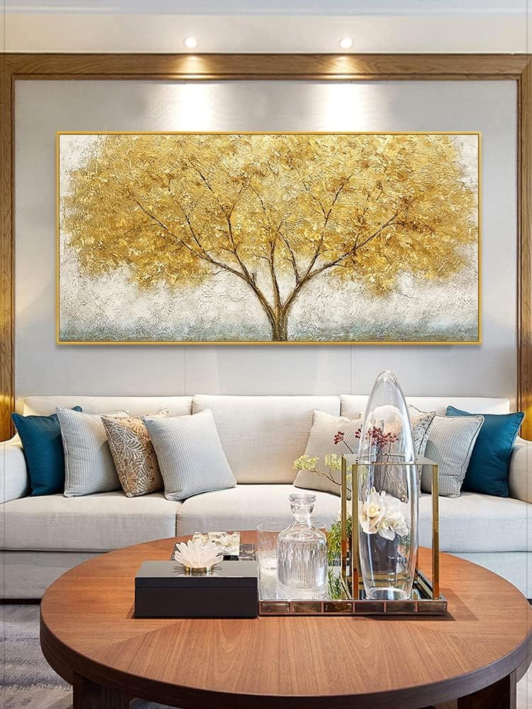 Gold Tree of Life Canvas Wall Art For Living Room -Hand Painted Gallery Wrapped Oil Painting for ...
