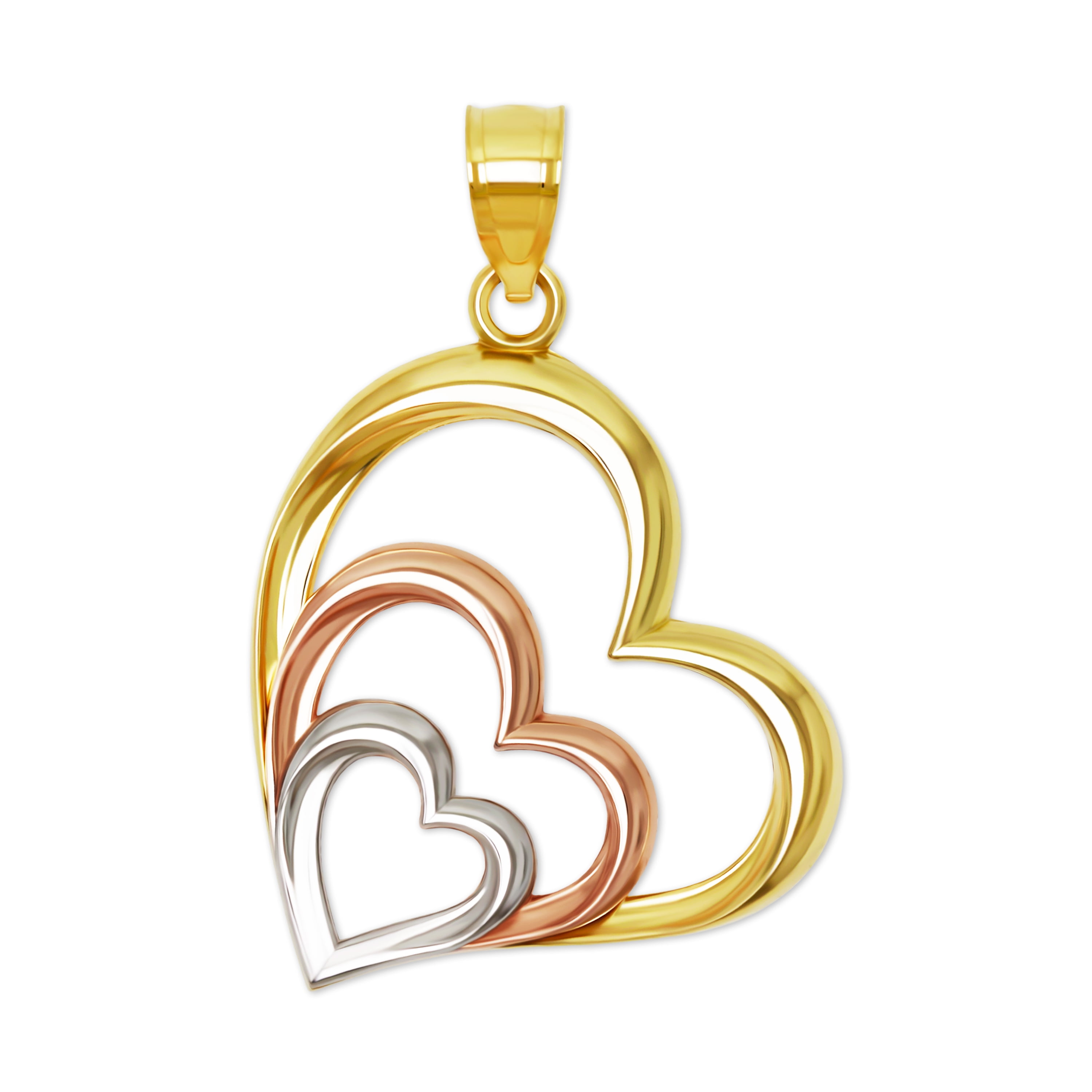 Gold Triple Heart Pendant Charm- 10 Karat Gold - Tri Color Heart ...