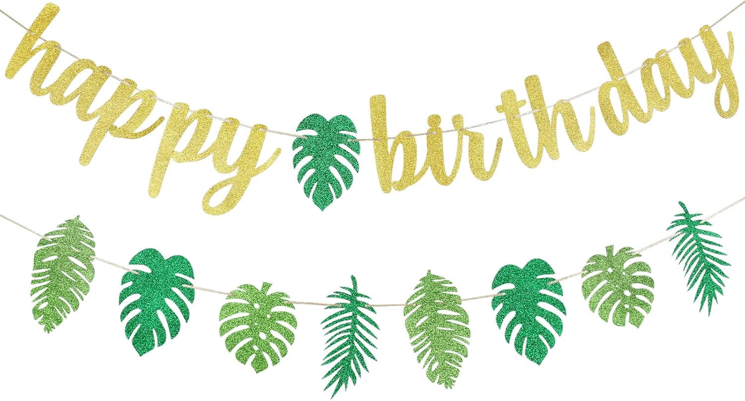 Gold Tropical Happy Birthday Banner and Tropical Palm Garland, Hawaiian ...