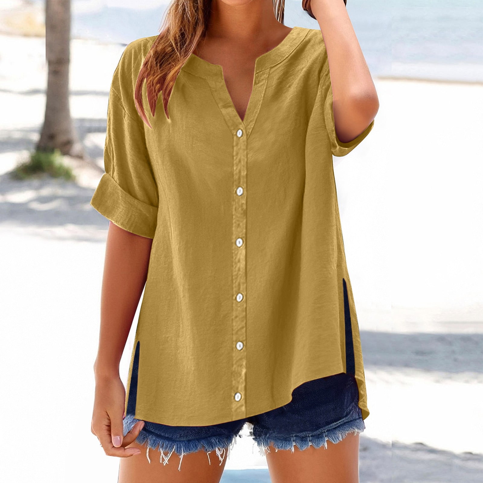 Gold Tshirts for Women Loose Shirt Top Stand Solid Color Sleeve Collar ...