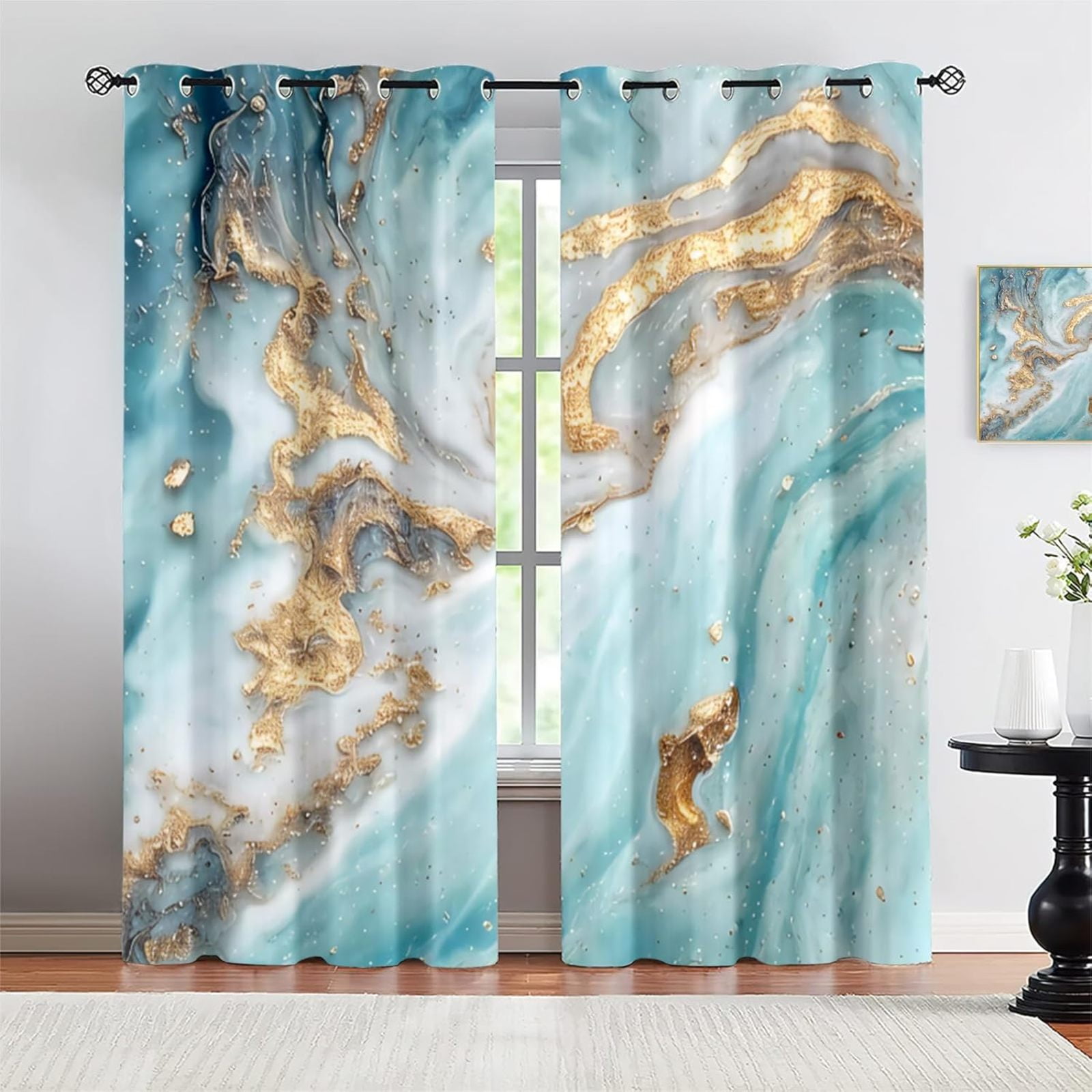 Gold And Turquoise Marble Curtains For Bedroom, Modern Gold Foil Gilded ...