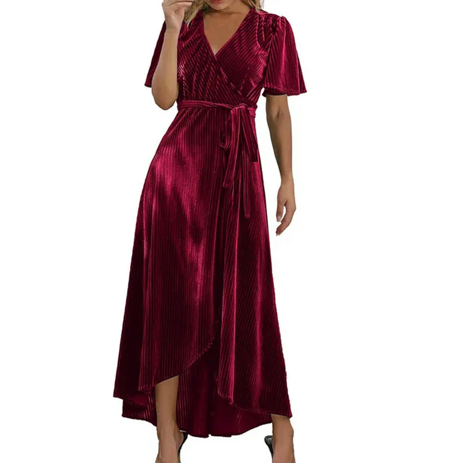 Gold V Neck Evening Dress Women Elegant Tunic Sashes Party Maxi Dress