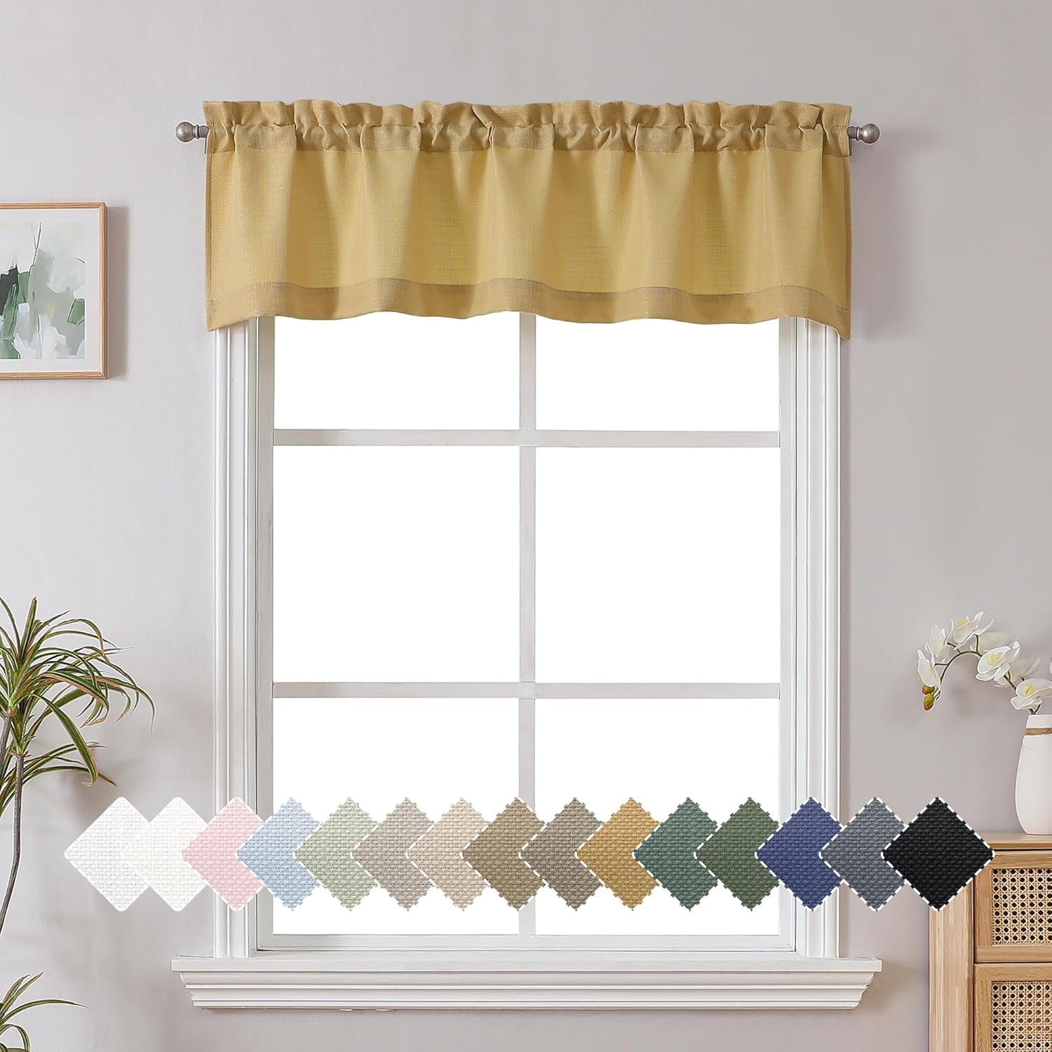 Gold Valance for Windows, Faux Linen Slub Textured Semi Sheer Small ...