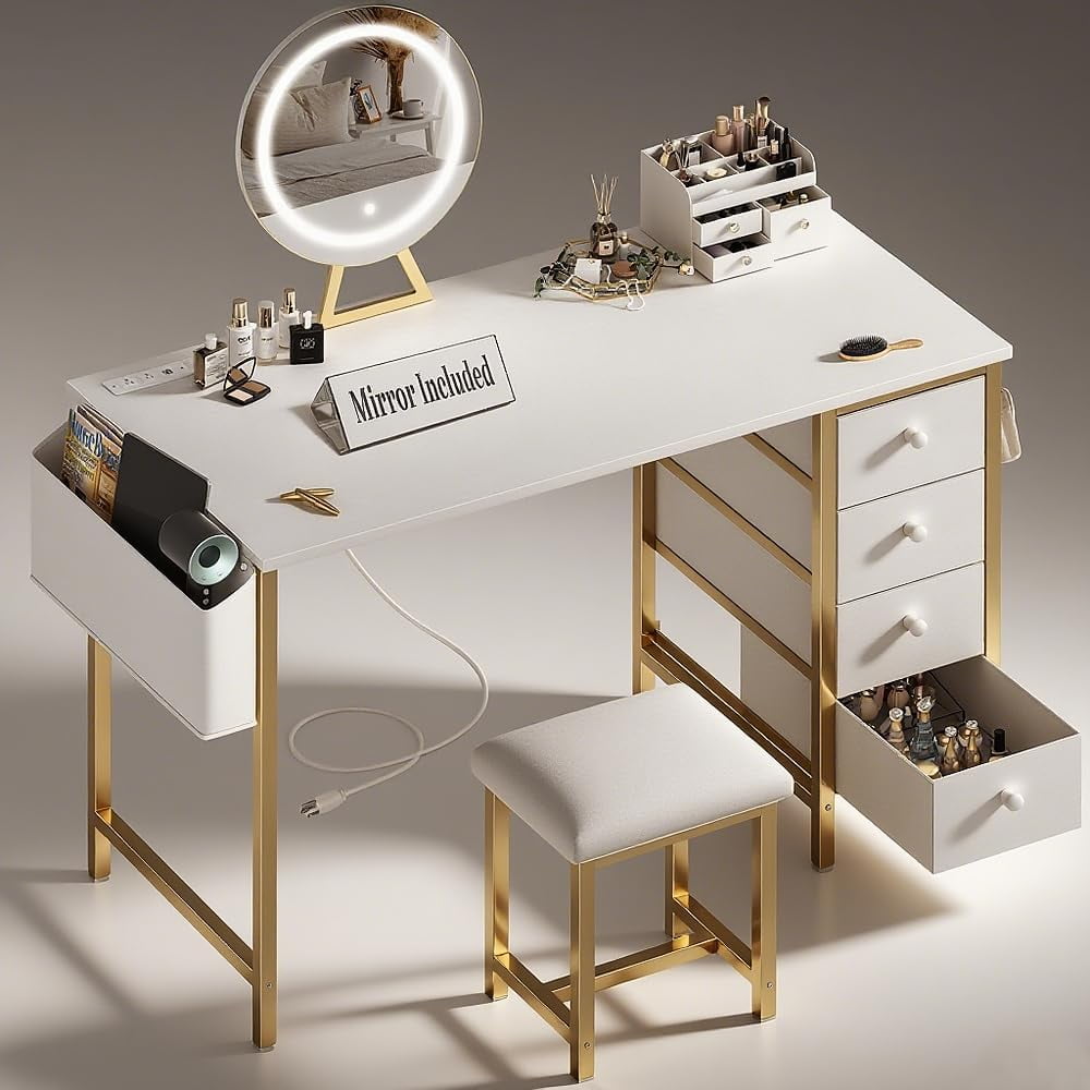 Gold Vanity Desk with and Light- Makeup Vanity Set Table with Chair ...