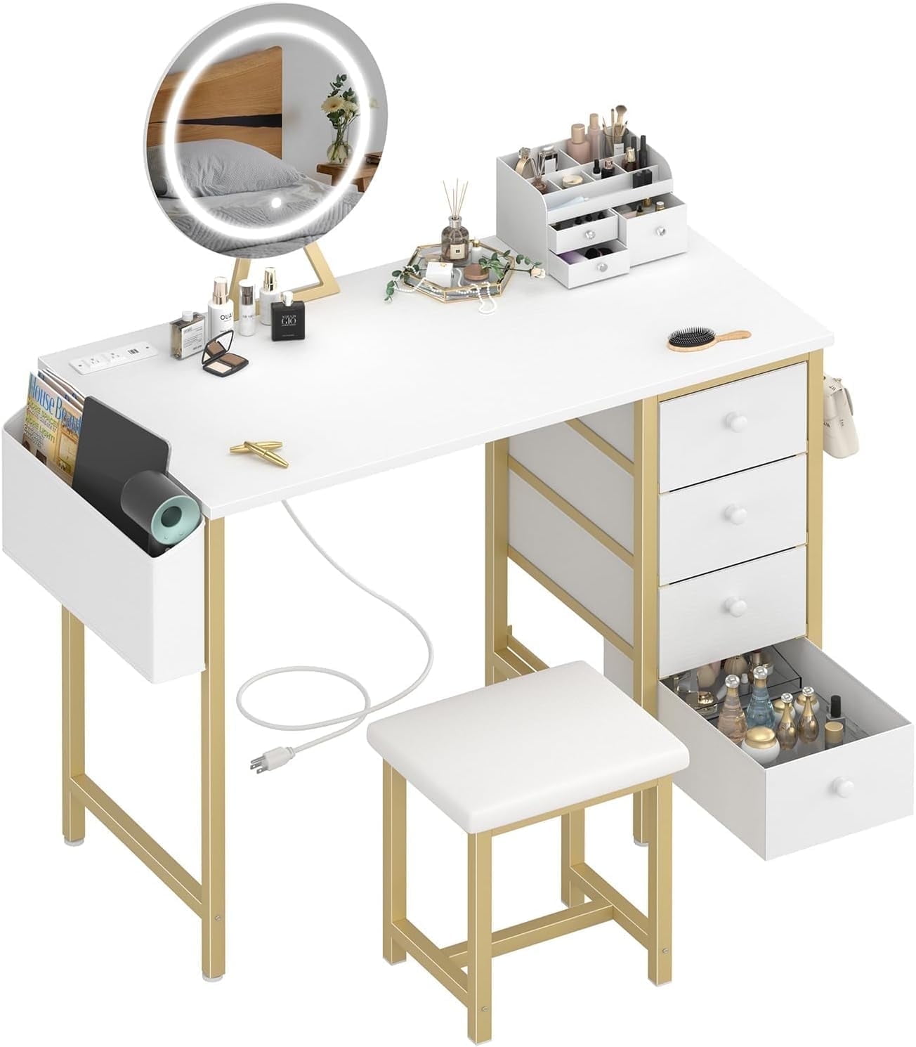 Gold Vanity Desk with Mirror and Light, Makeup Table Set with Chair, 4 ...