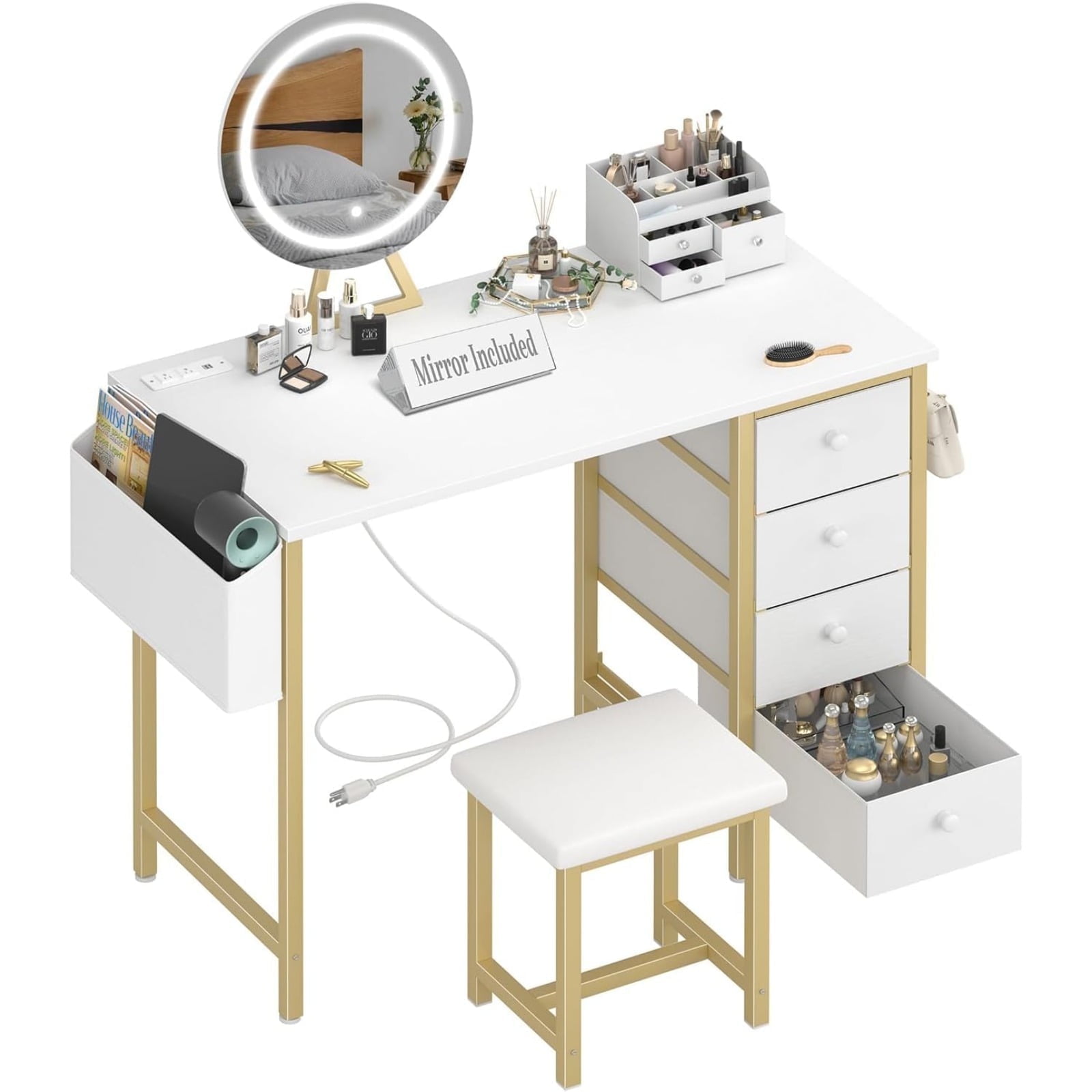 JEZWX Lighted Gold Vanity Set with Chair, 4 Drawers & Outlet - Walmart.com