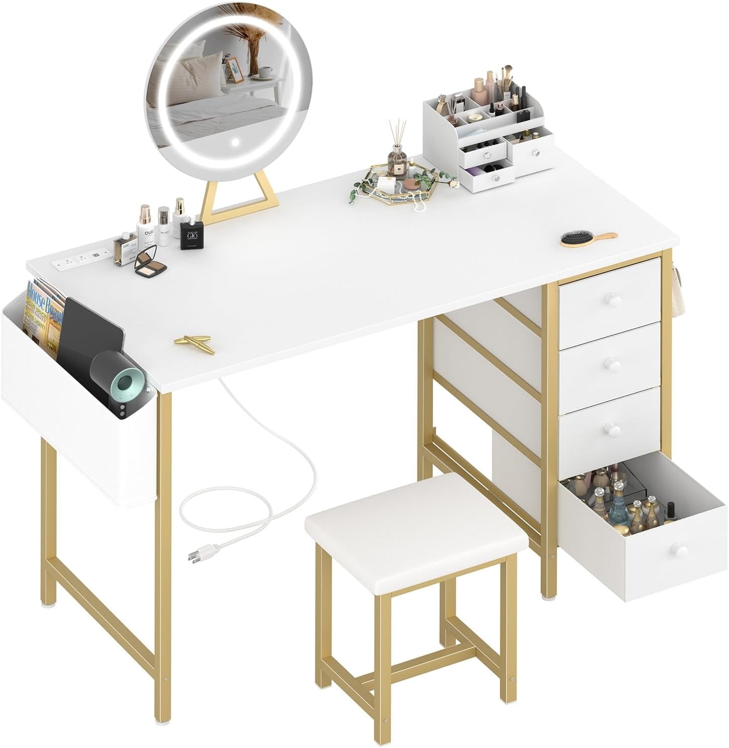 Gold Vanity Desk with Mirror and Light- Makeup Vanity Set Table with ...