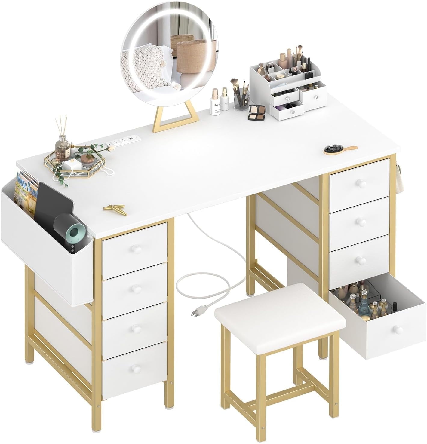 Gold Vanity Desk with Mirror and Light- Makeup Vanity Set Table with ...
