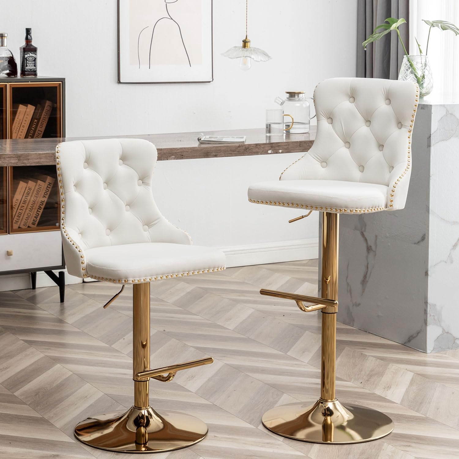 Gold Velvet Bar Stools Set of 4 Swivel Counter Height Bar Stools with ...