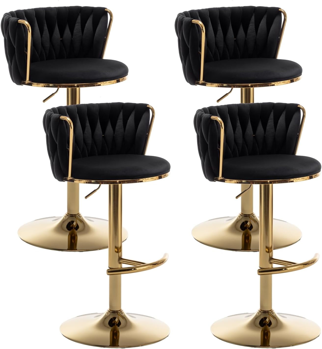 Gold Velvet Bar Stools Set of 4, Swivel Counter Height Bar Stools with ...