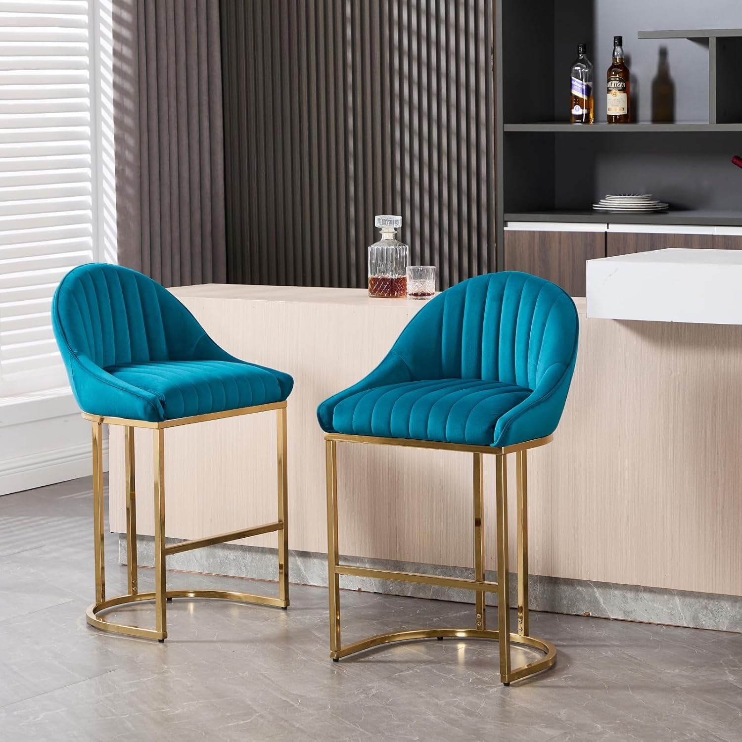 Gold Velvet Bar Stools Set of 4 with Back, Teal Blue Counter Height ...