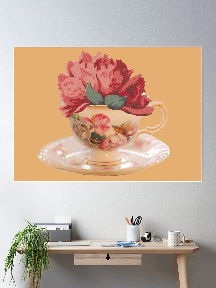 Gold Vintage Flower Teacup Poster Wall Art, Modern Wall Decor For ...
