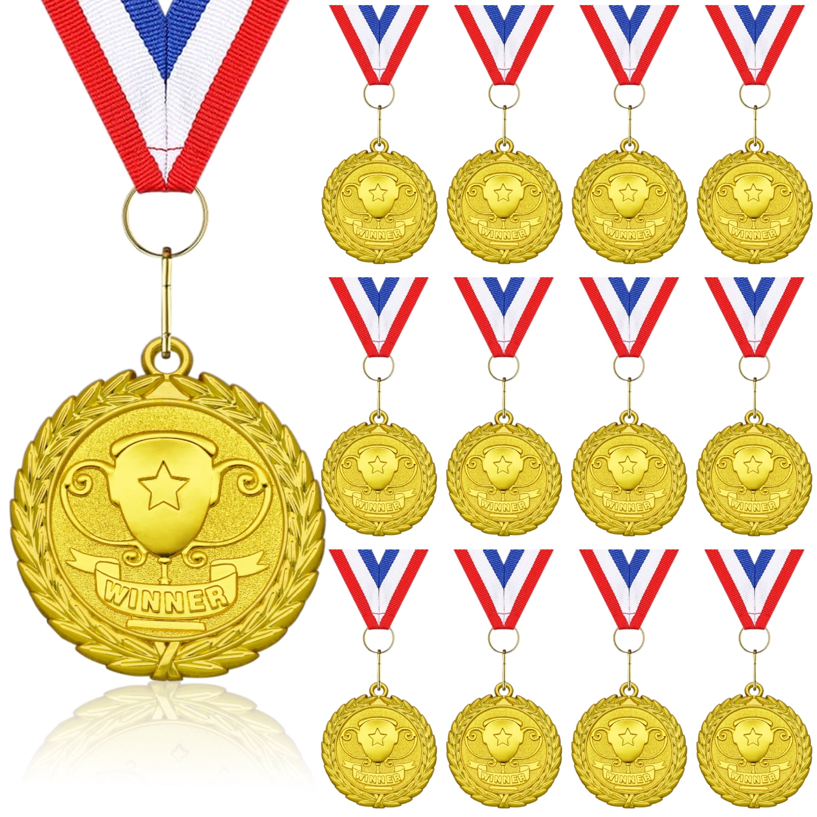 Gold WINNER Medals, 12-Pack Metal Medal Sports Day Medals with Ribbon ...