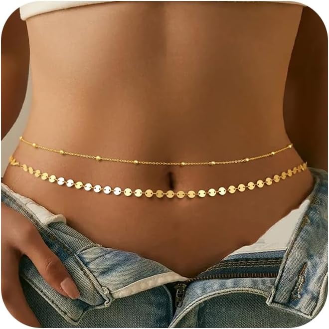 Gold Waist Chain, 14K Gold Plated Belly Chain Adjustable Waterproof Body Chain Sexy Bikini Waist ...