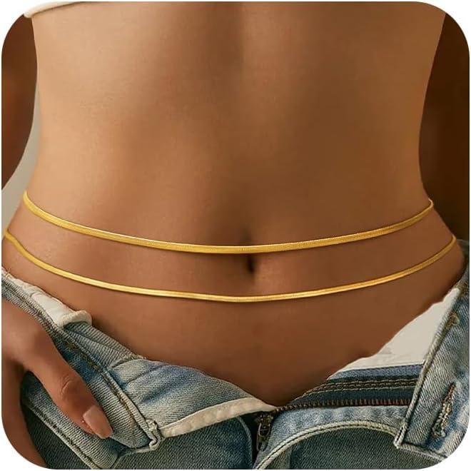 Gold Waist Chain for Women, 14K Gold Plated Layered Belly Chain for The Waist Adjustable ...
