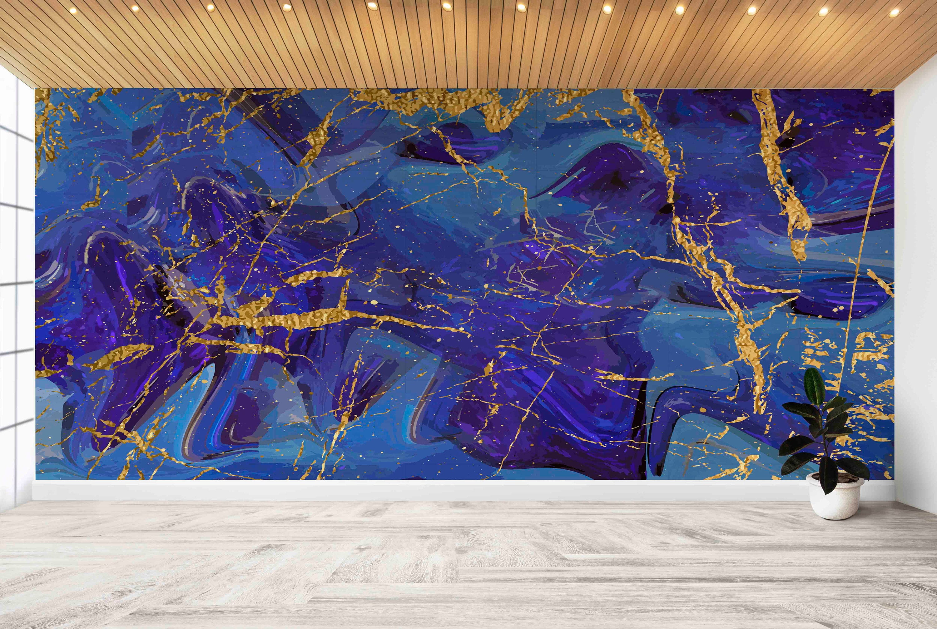 Gold Wall Art, Blue Wall Art, Bright Wallpaper, Alcohol Ink Mural ...