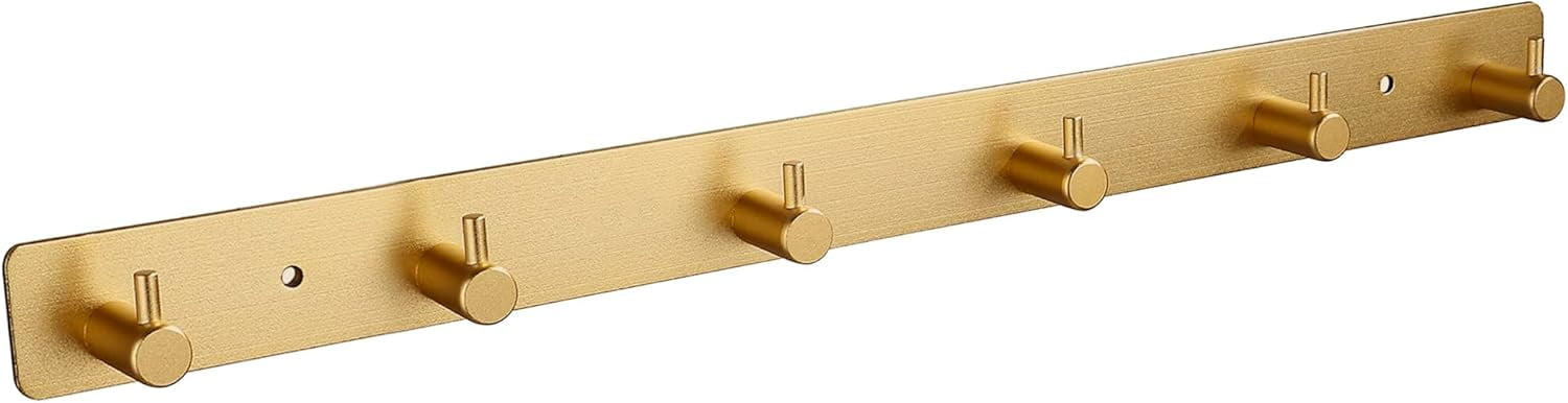 Gold Wall Hooks, Brushed Gold Bathroom Hook Rail, Self Adhesive 6 Hooks ...
